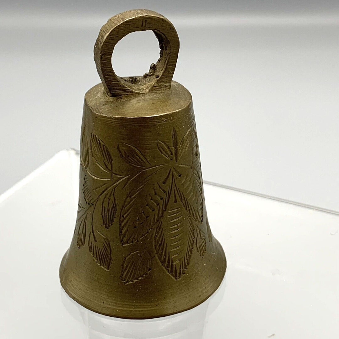 Vtg Solid Brass Bell Etched Leaves Bells of Sarna India Sugar Cane ...
