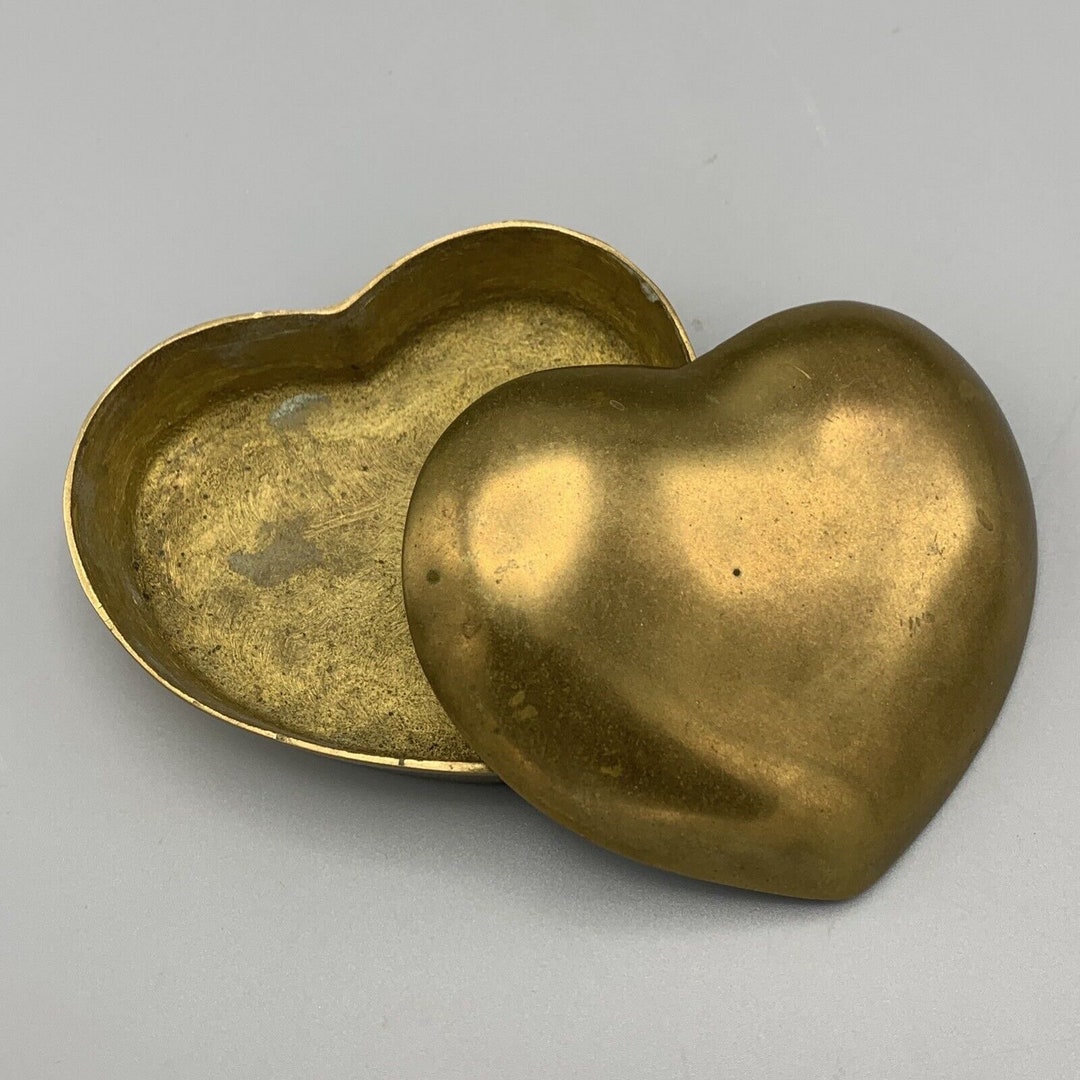 Vintage Mid Century Brass Heart Shaped Lidded Trinket Box Aged Patina ...