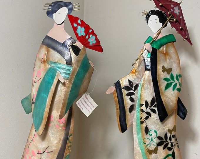 RARE Set of Two Tall Metal and Capiz Shells Japanese Geisha Figures ...