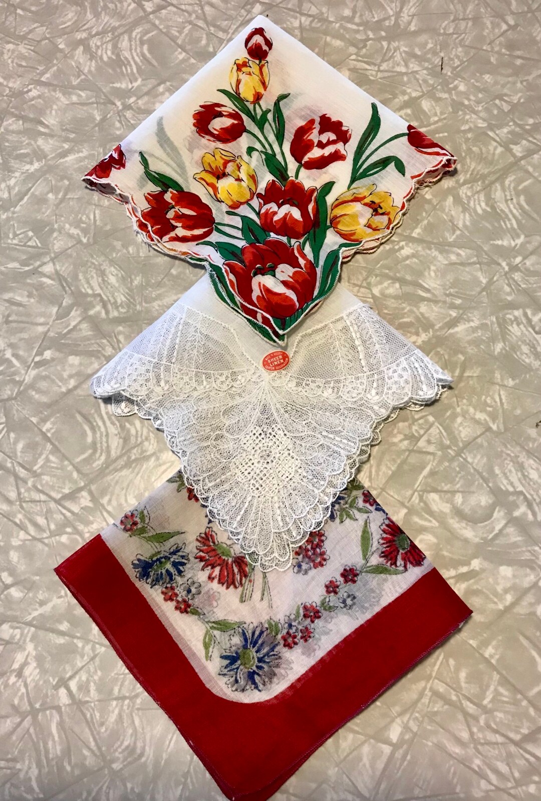 Vintage 3 Pc. Ladies Hankies Set, Red/yellow Tulips, Red Edge Floral ...