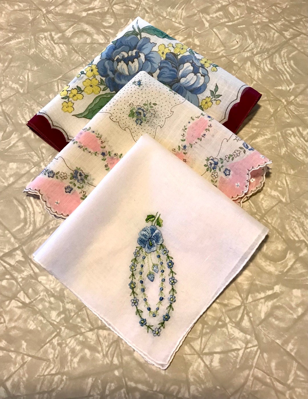 Vintage 3 Pc. Ladies Hankies Set, Blue Roses on White, Pink and Blue ...