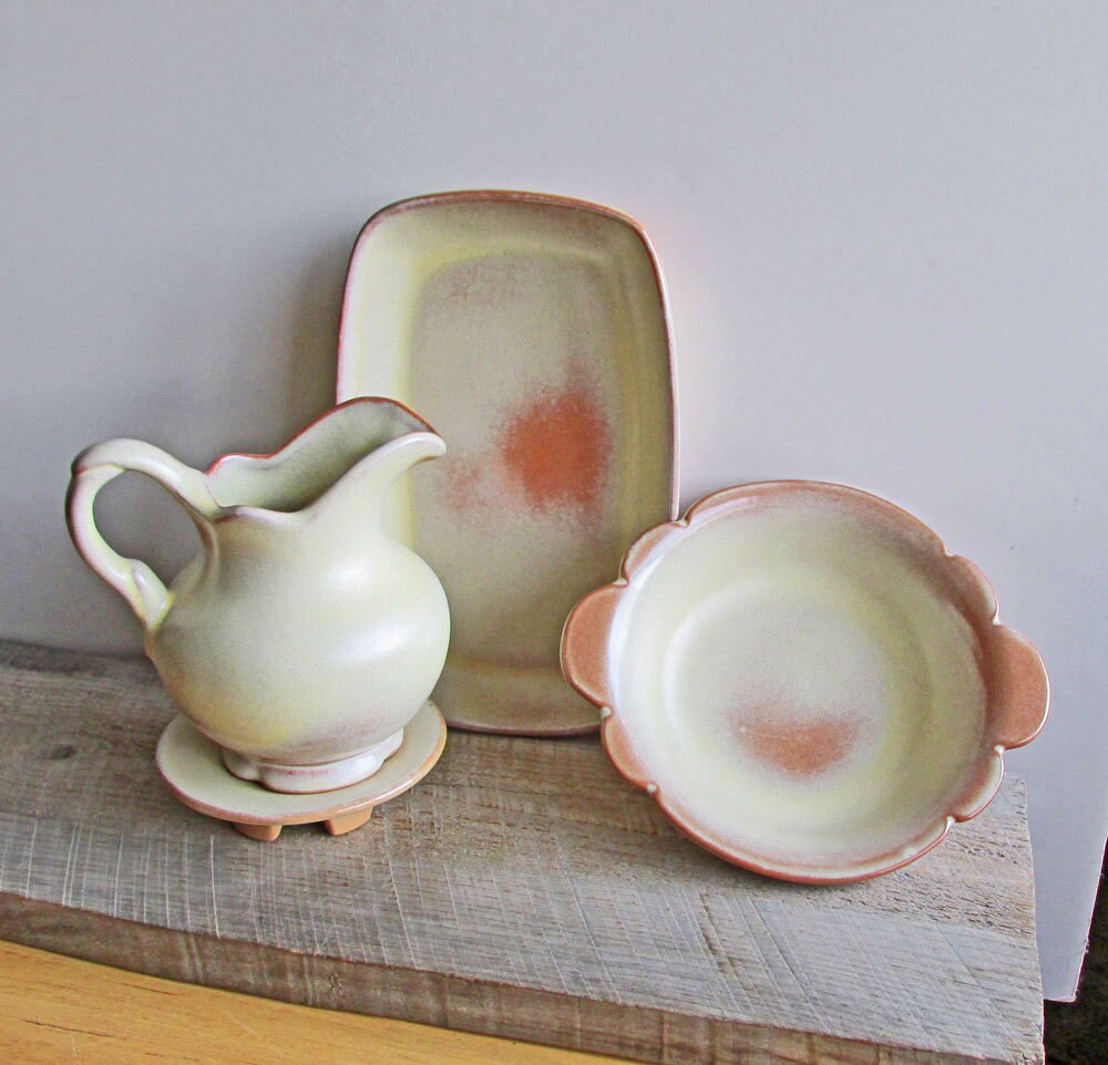 Vintage Frankoma Pottery 4 Piece Set, Pitcher Bowl Stand Tray, Desert ...
