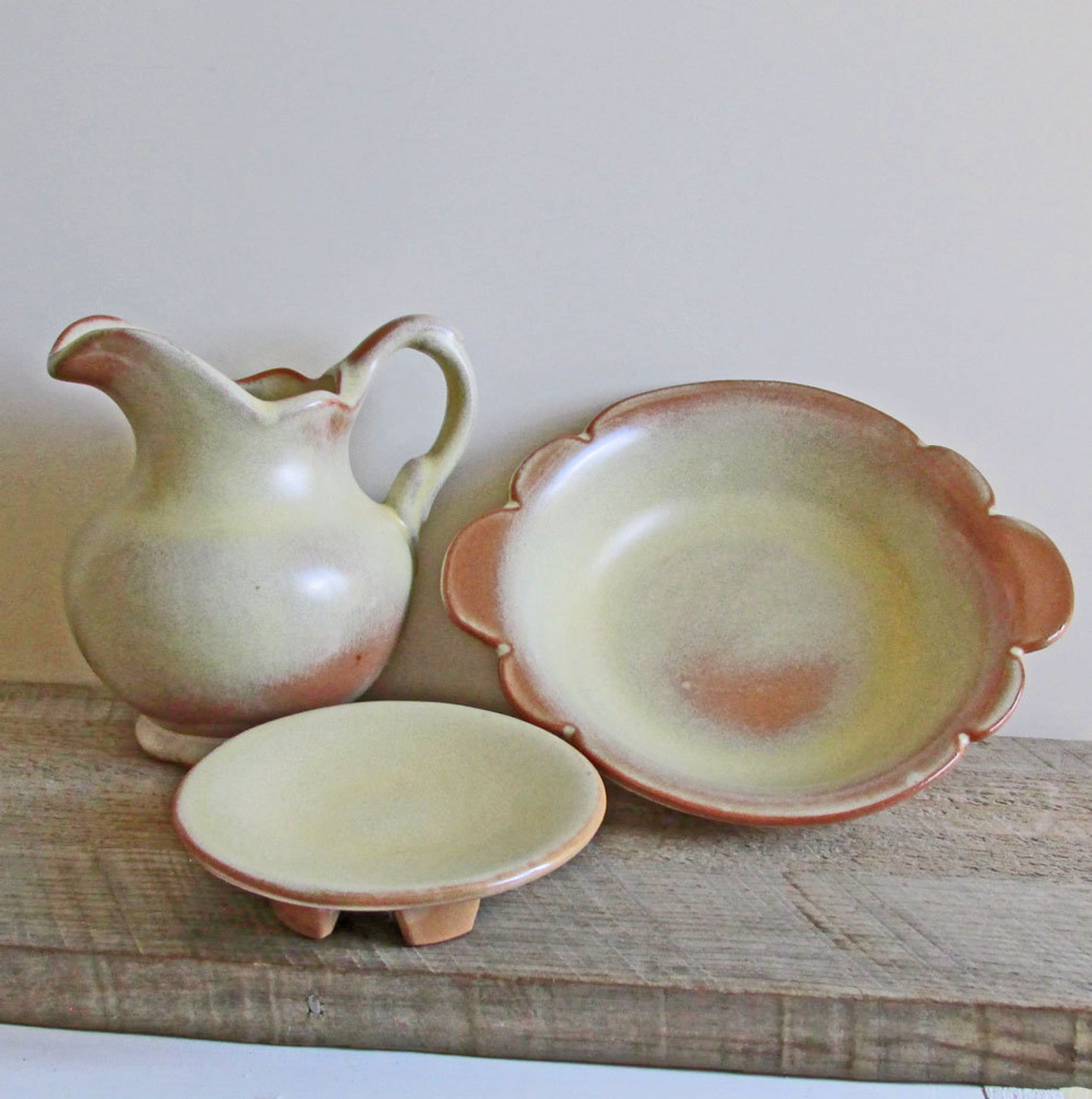 Vintage Frankoma Pottery 4 Piece Set, Pitcher Bowl Stand Tray, Desert ...