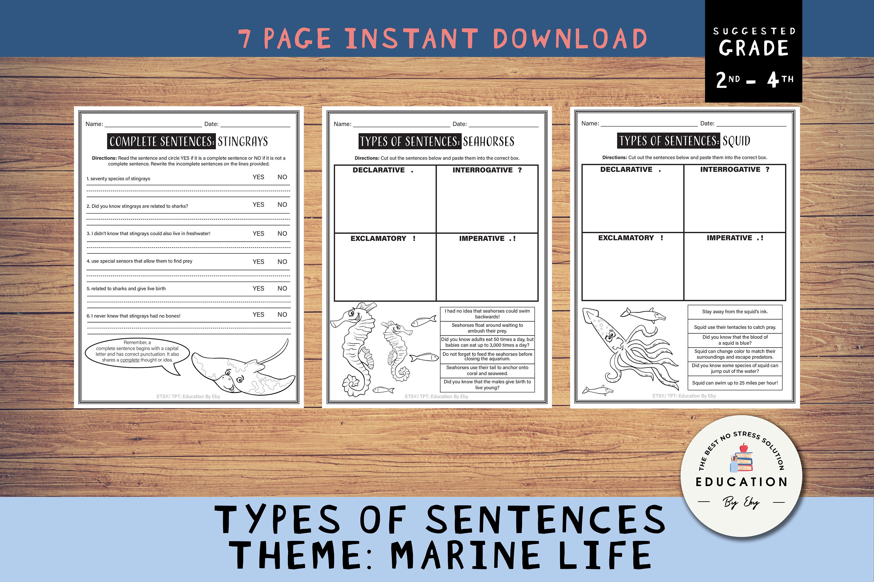 Types of Sentences Marine Life, 2nd 3rd 4th Grade, Language Arts ...