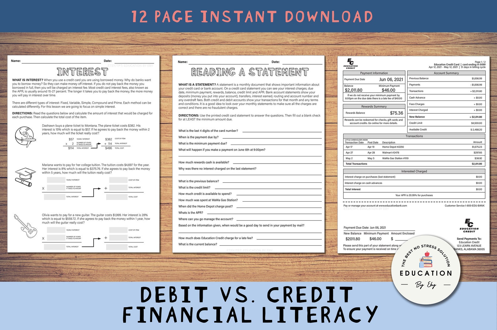 Kids Financial Literacy Lesson, Debit Vs. Credit, Pretend Play Checks ...