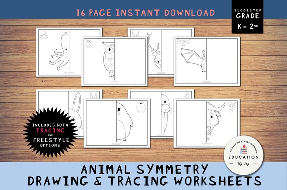 Animal Drawing Symmetry Worksheets Tracing Art Kindergarten | Etsy