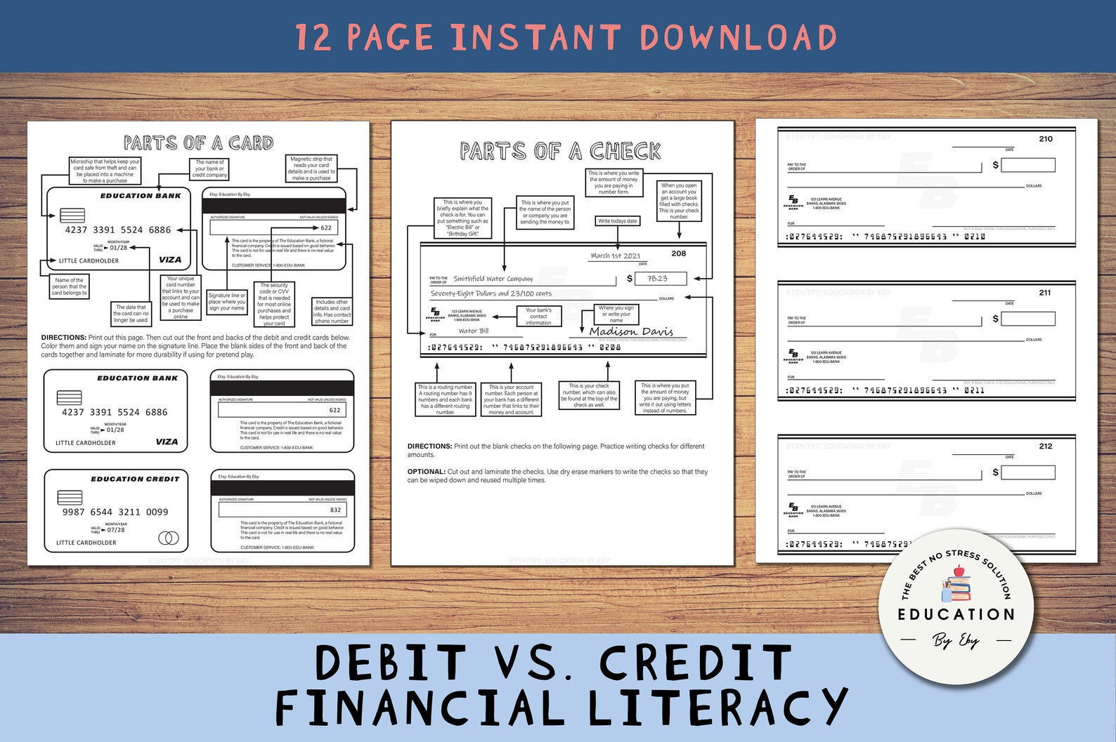 Kids Financial Literacy Lesson, Debit Vs. Credit, Pretend Play Checks ...