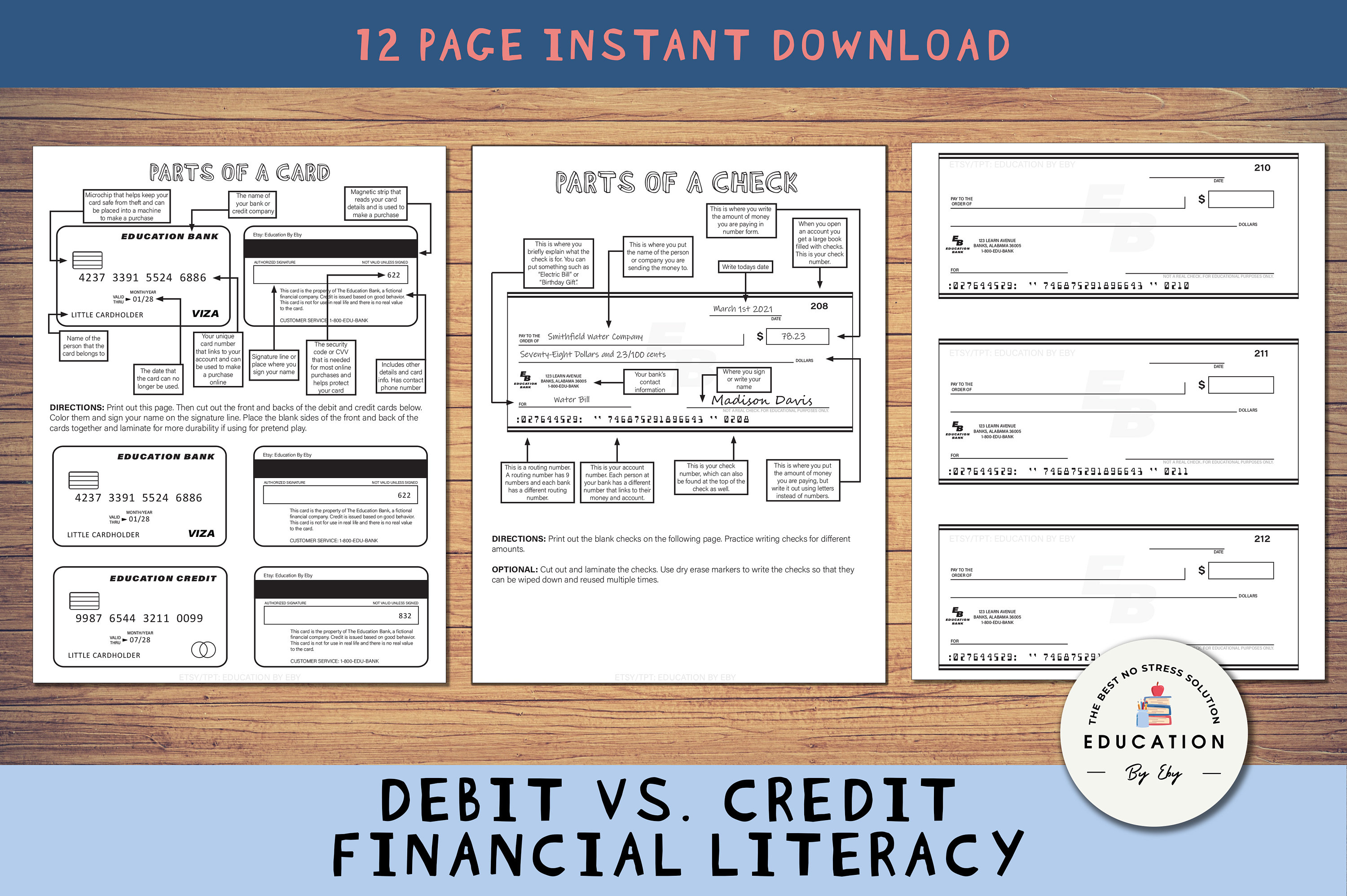 Kids Financial Literacy Lesson, Debit Vs. Credit, Pretend Play Checks ...