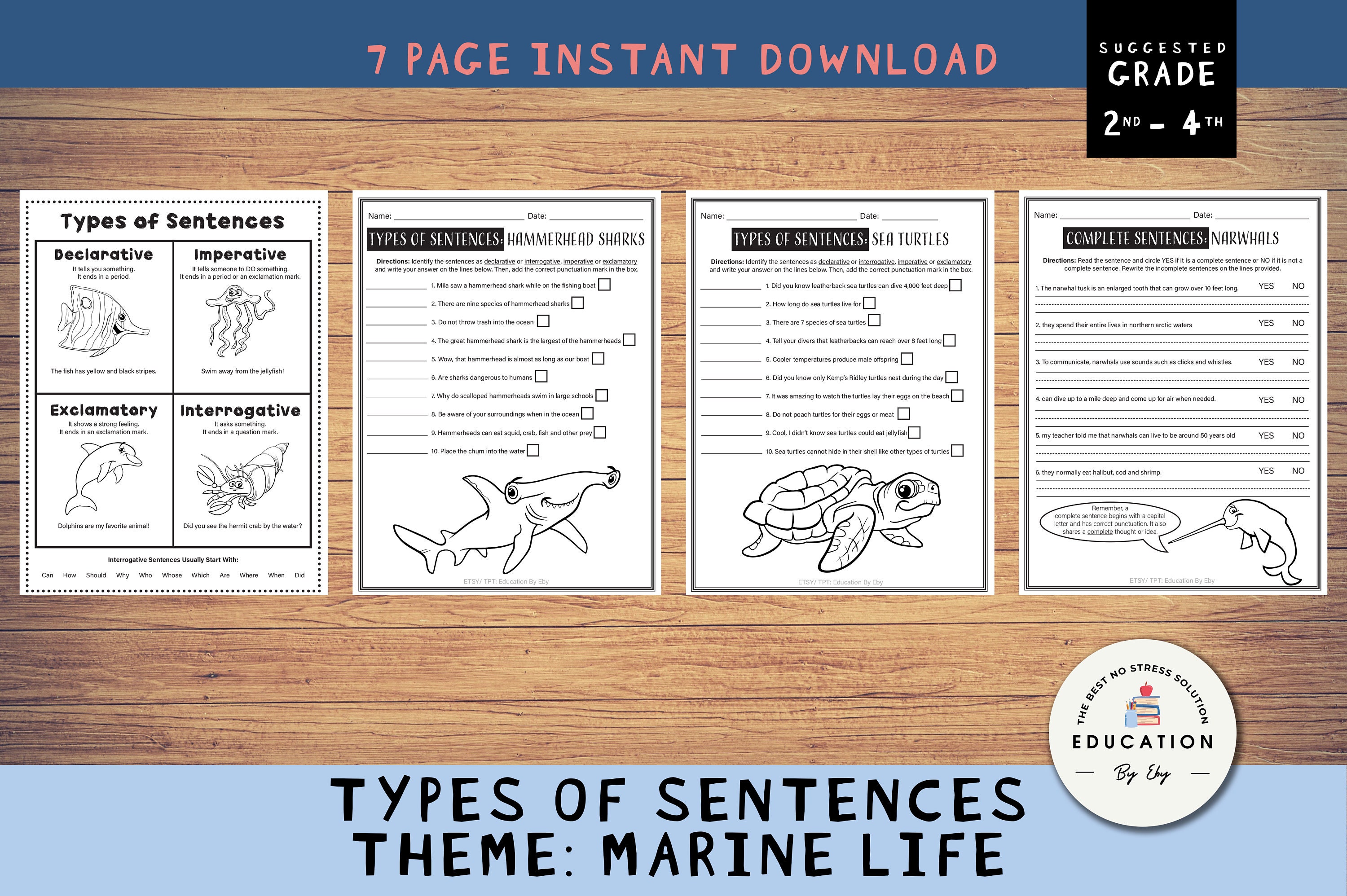 Types of Sentences Marine Life, 2nd 3rd 4th Grade, Language Arts ...