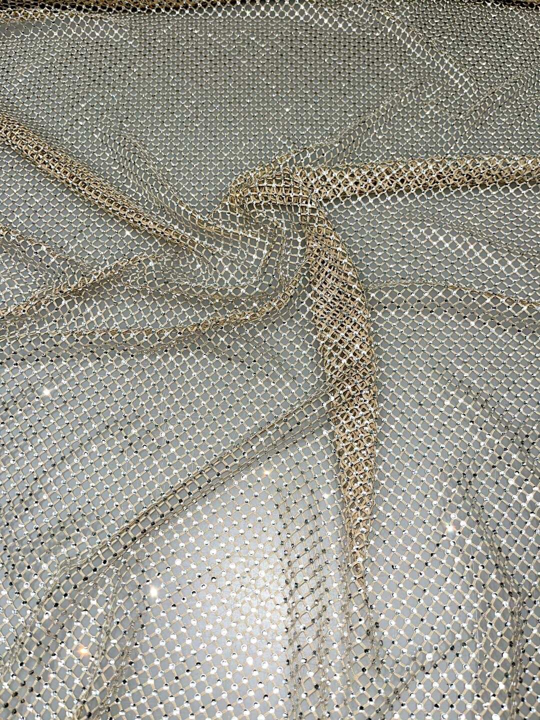 Gold Fish Net With Crystal Rhinestone 4 Way Stretch Fabric by the Yard ...