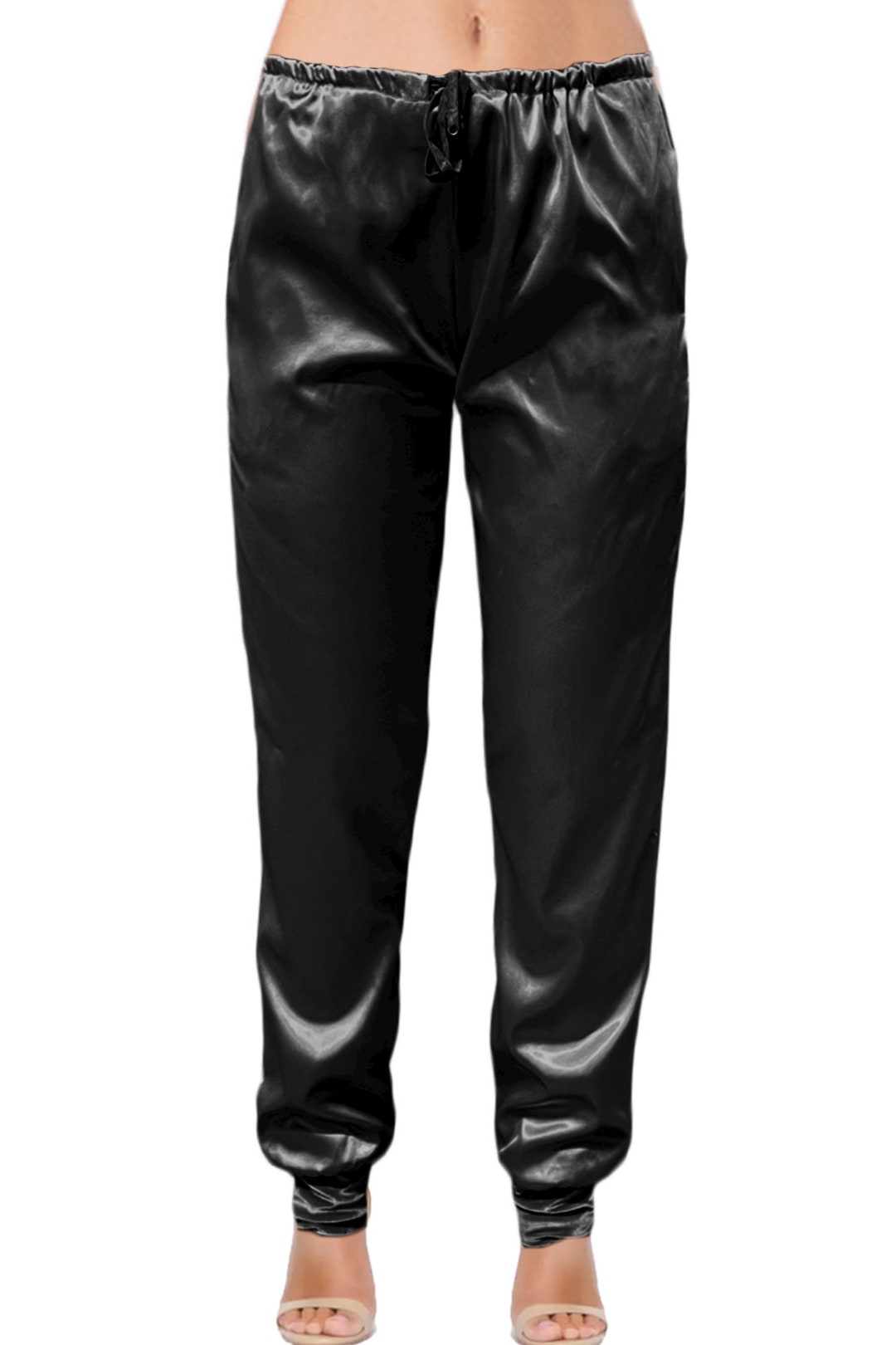 USA Made Black Stretch Satin Fully Lined Drawstring Pants With Cuffs ...