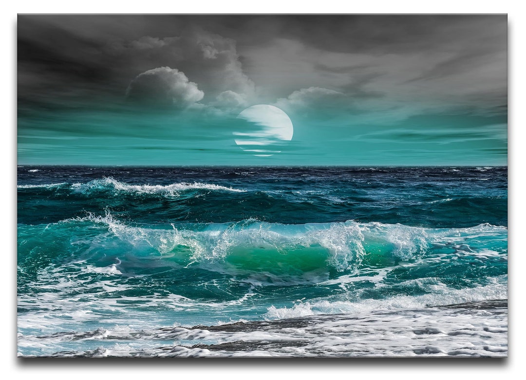 Teal Sunset Beach Canvas Print, Framed Seascape Wall Art - Etsy