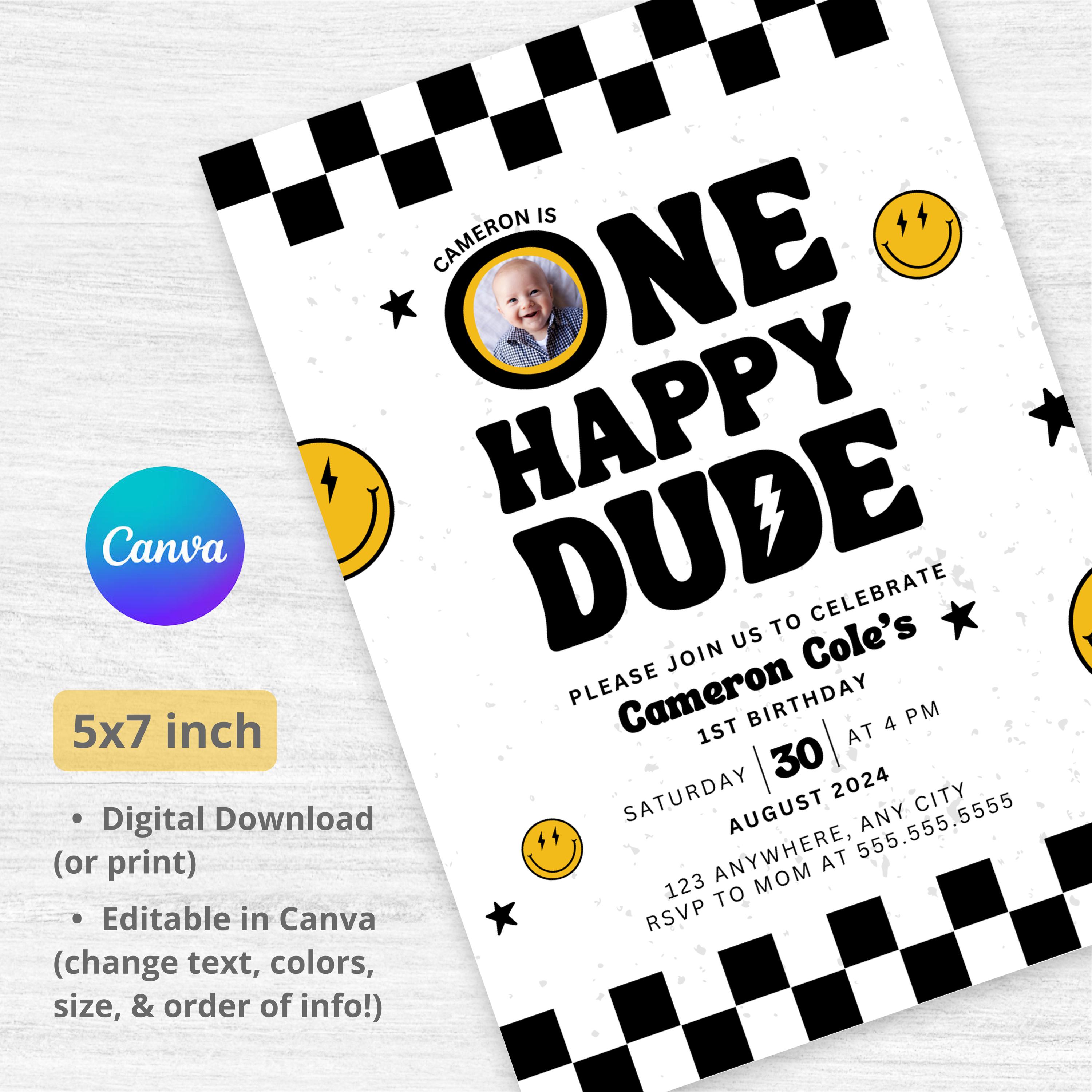 Editable One Happy Dude Birthday Invitation - Digital Download, Easy to ...