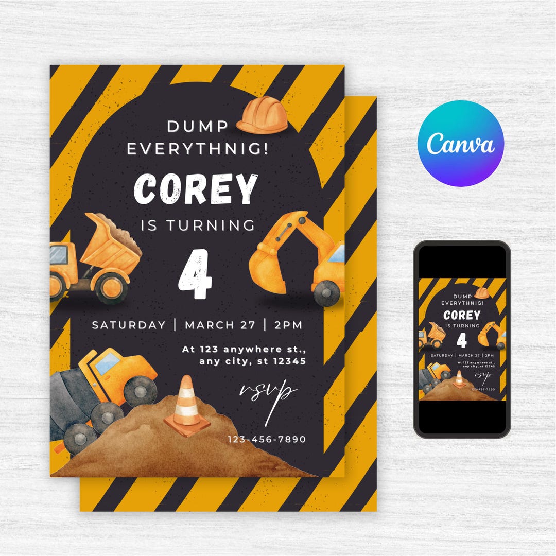 Editable Construction Birthday Party Invitation - Digital Download ...
