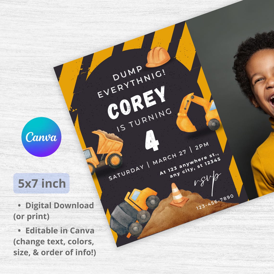 Editable Construction Birthday Party Invitation - Digital Download ...
