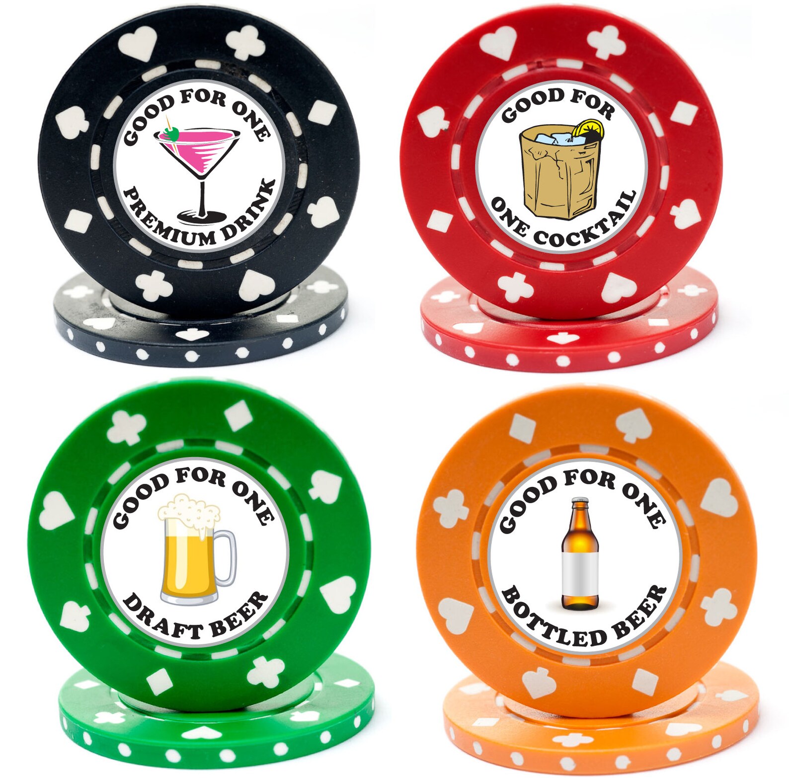 100 Drink Chips – 4 Drink Designs | Bar Drink Tokens | Beer Cocktail ...