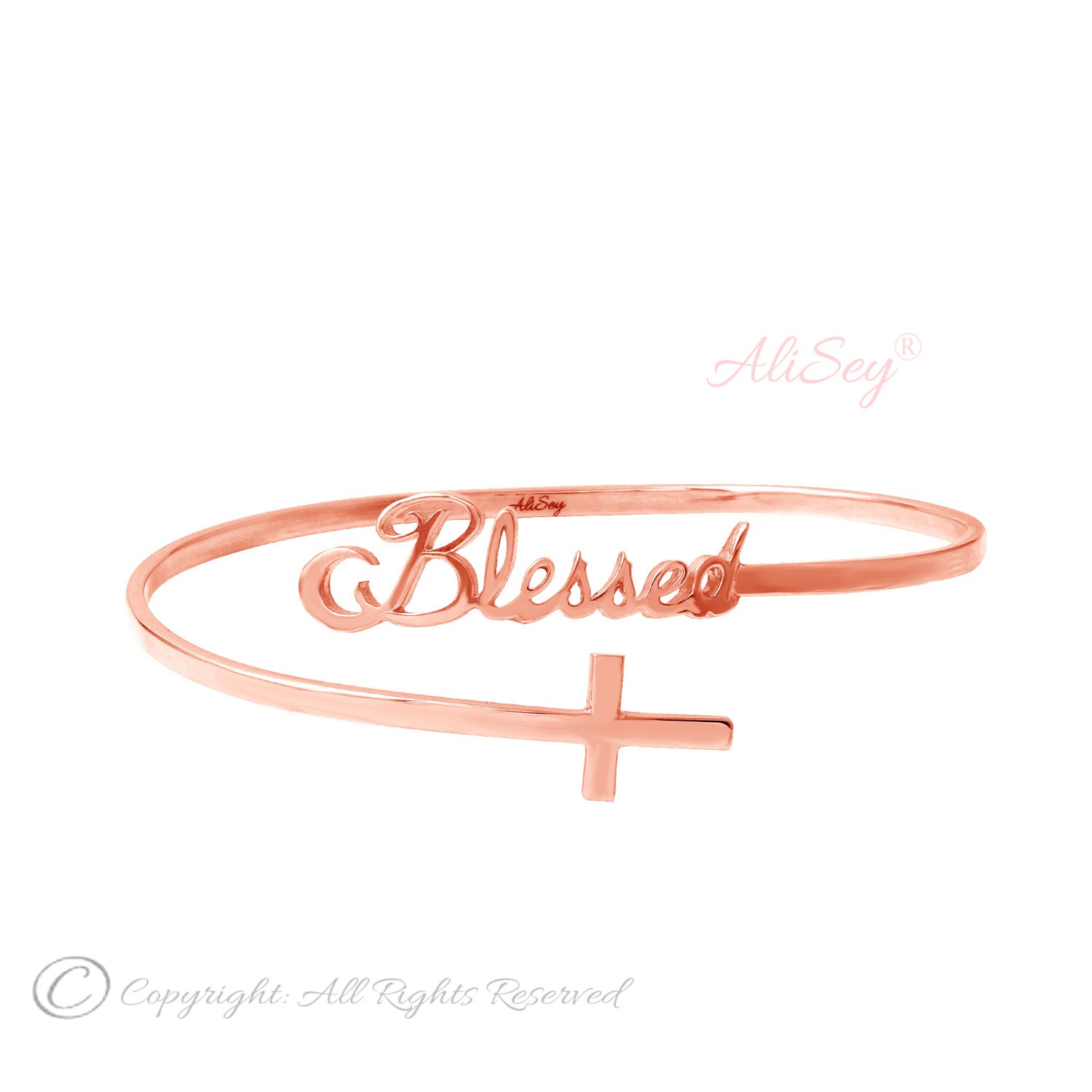 Buy 14K Rose Gold Bangle Blessed Cross Bracelet, Unique Design From ...