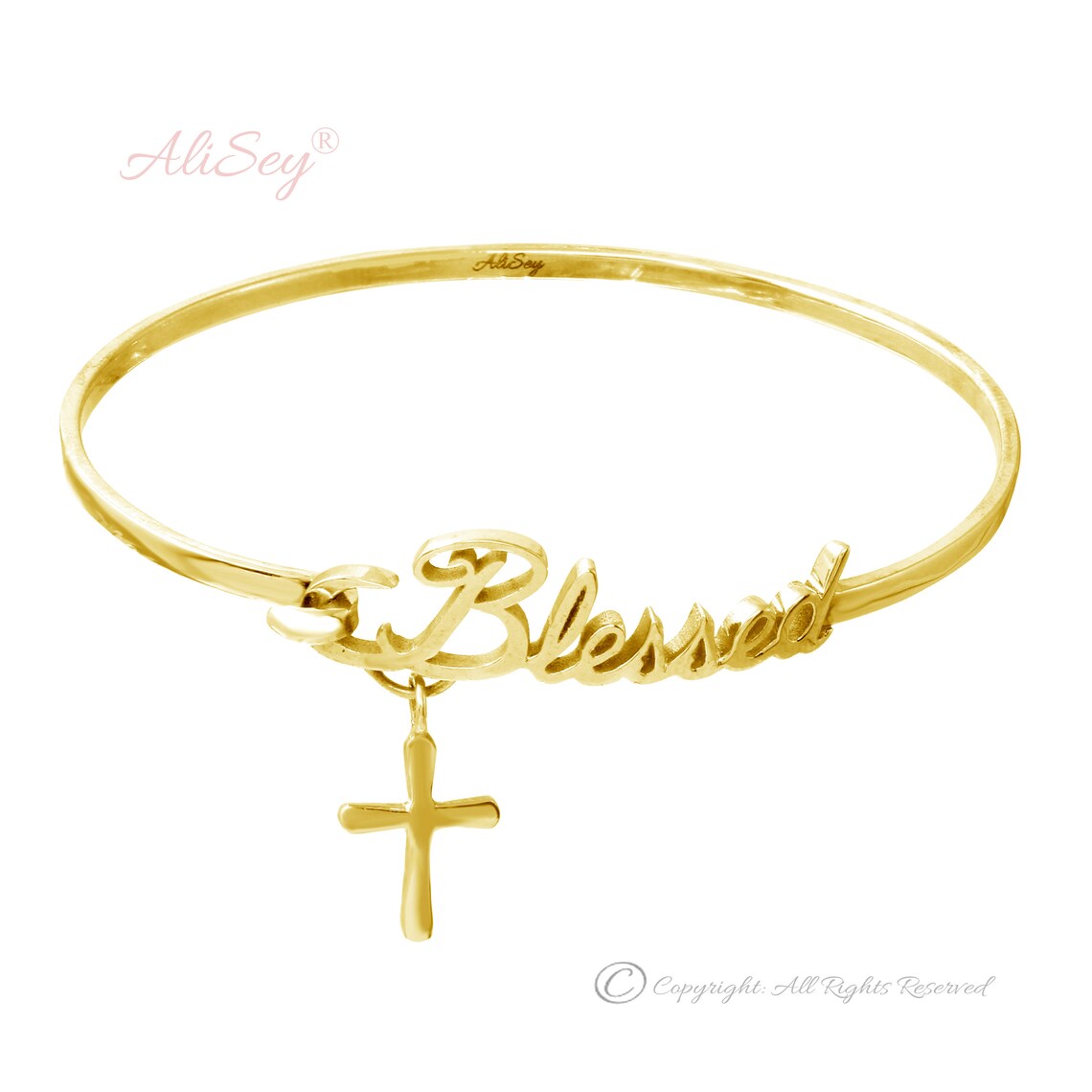 14k White Gold Bangle Blessed Bracelet With Cross Charm - Etsy UK