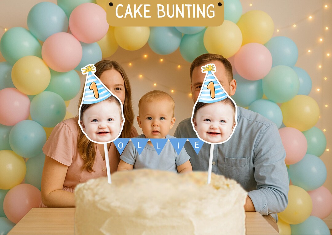Personalized 1st Birthday Cake Topper: Custom Baby Photo, Name Bunting ...