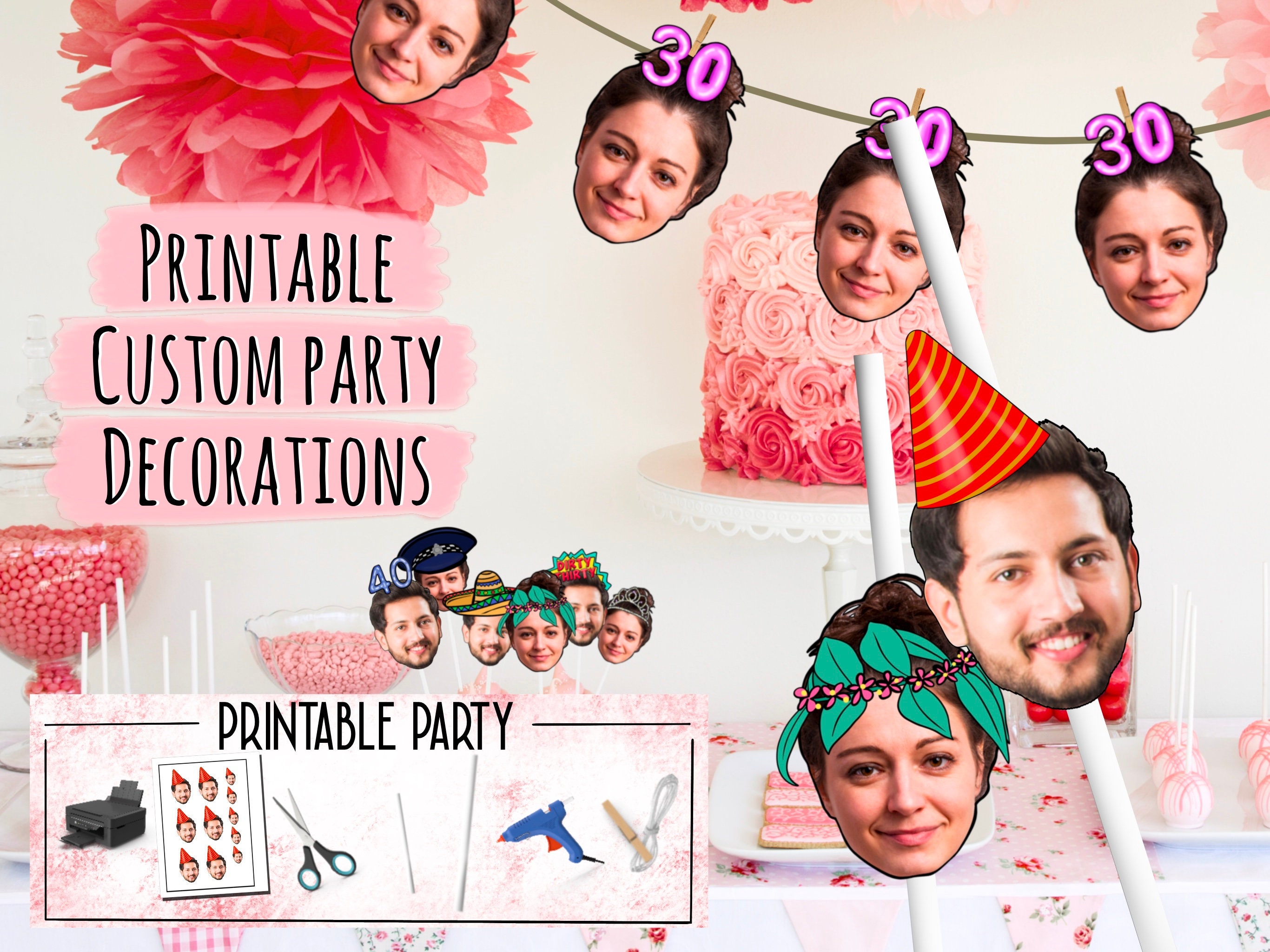 Printable Custom Photo Head Party Cupcake Toppers, Straws, Stickers ...