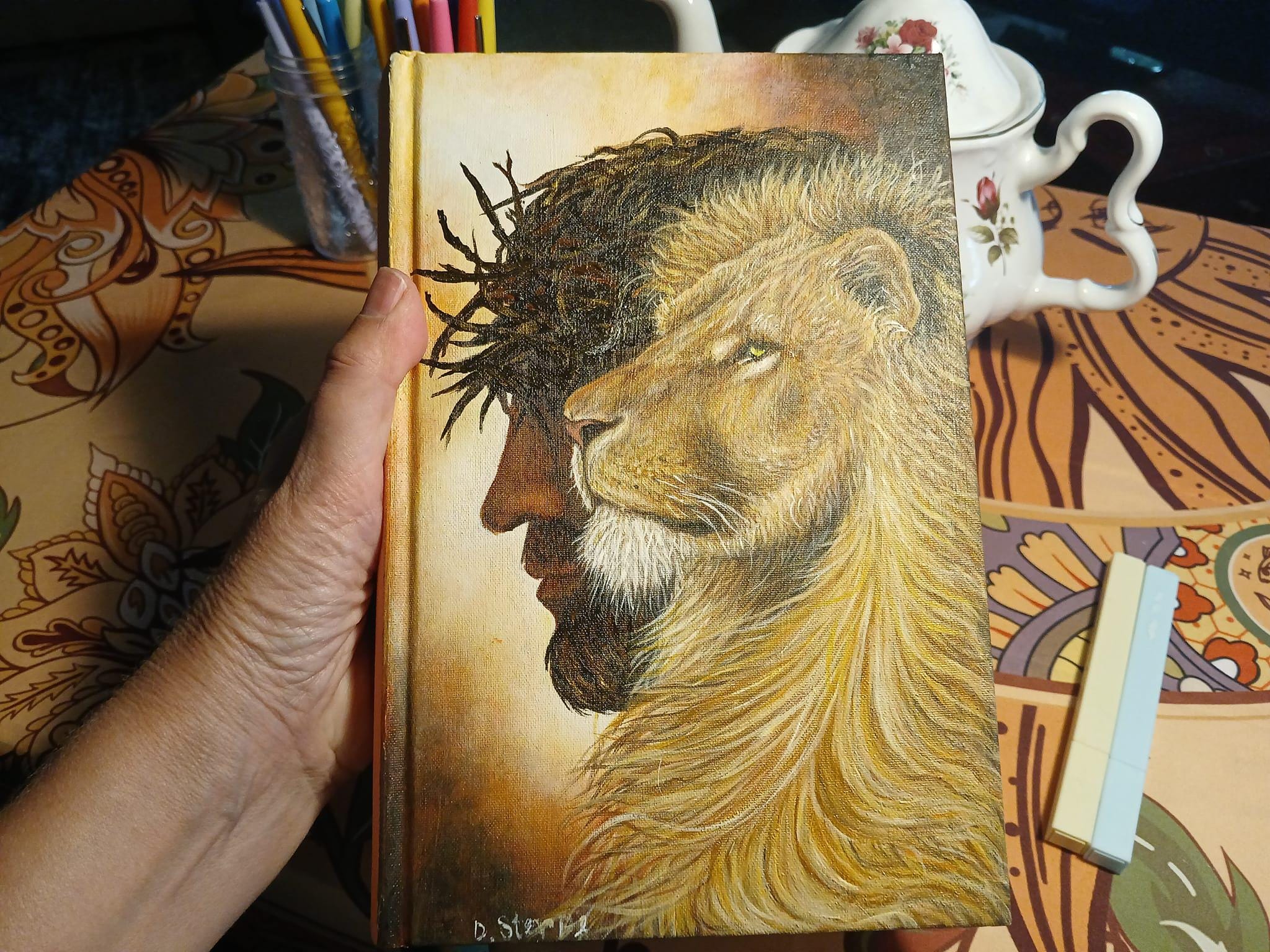 Hand Painted Lion of Judah & Jesus on Love God Greatly Linen Over Board ...