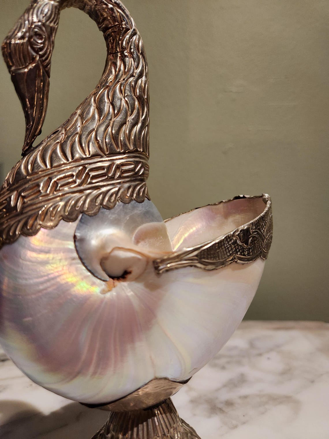 Vintage Engraved Silver Mounted Nautilus Shell Swan Bird Sculpture Vase ...