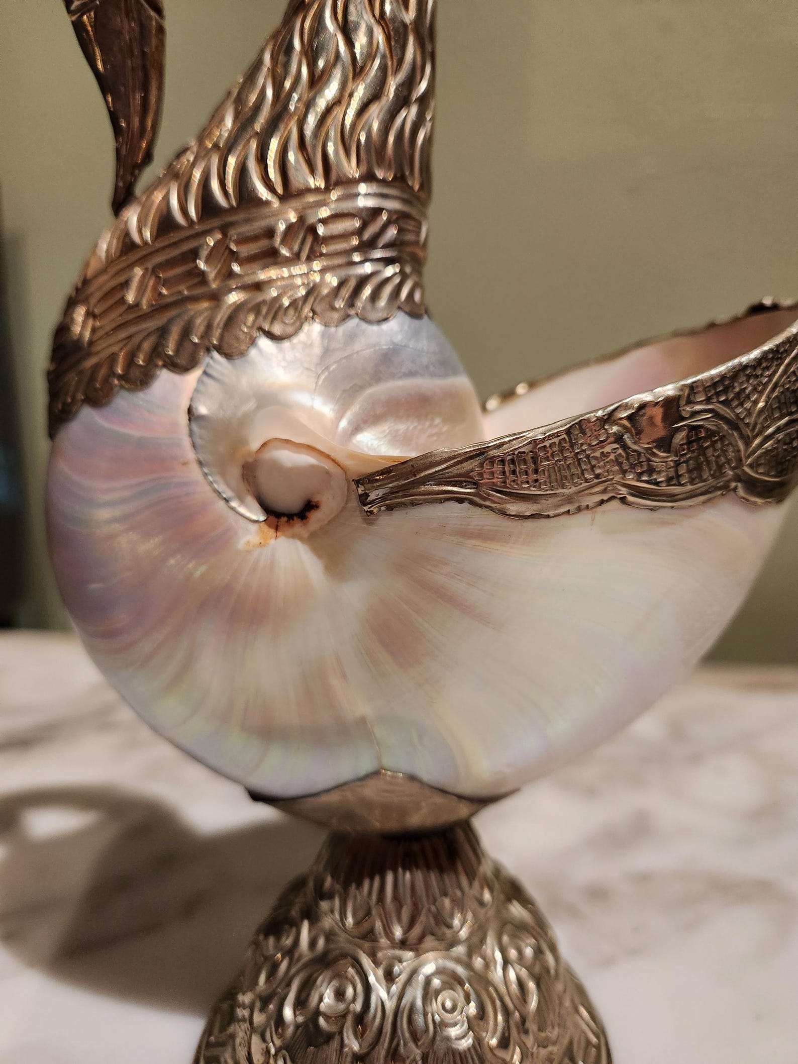 Vintage Engraved Silver Mounted Nautilus Shell Swan Bird Sculpture Vase ...