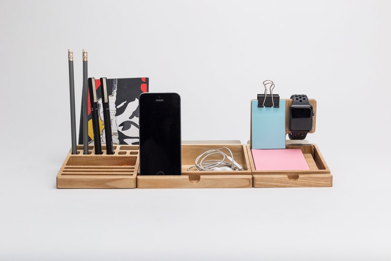 Wood Table Organizer / Desk Organizer Set / Apple Watch Holder - Etsy