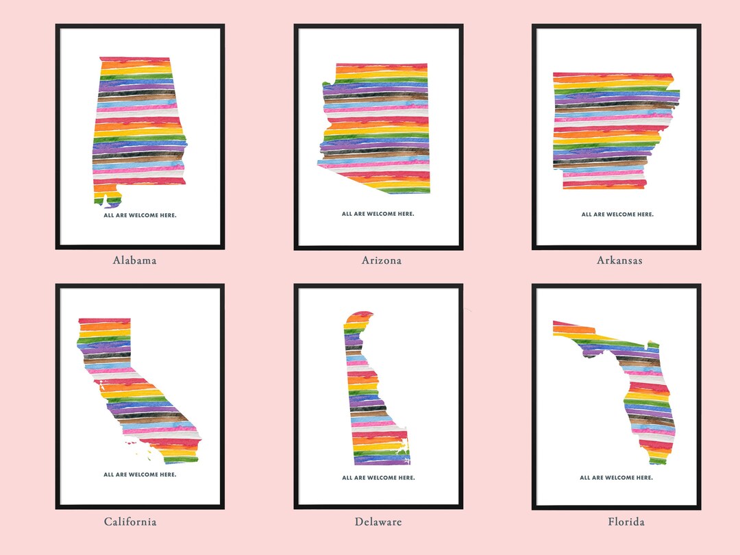 Rainbow "all Are Welcome Here" State Pride Art Prints | Custom State ...