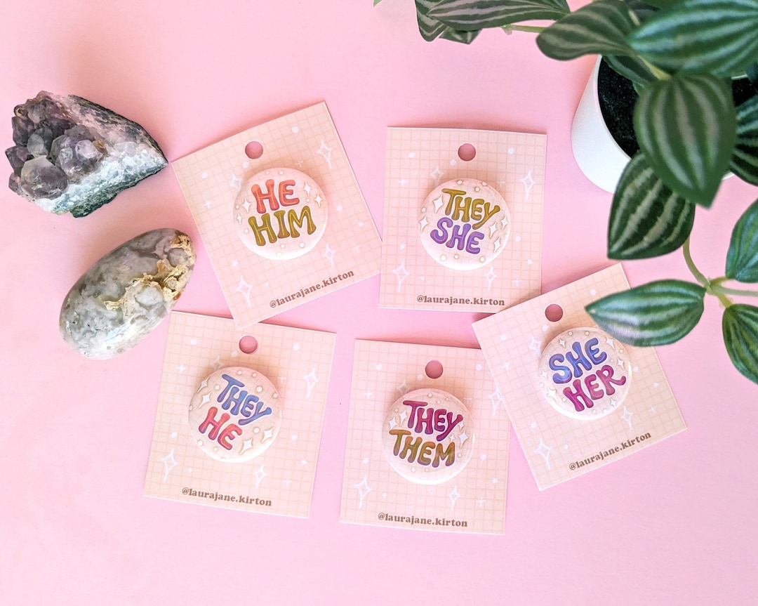 Colorful Illustrated Text Pronoun Pins // 1.25 in Handmade Button - Etsy