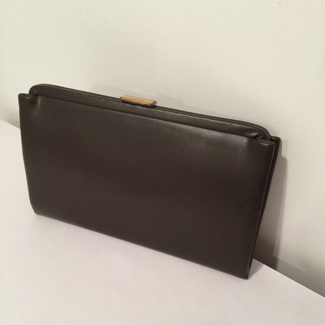Sleek Vintage Dark Brown Clutch With Fold-out Handle - Swift Zipper ...