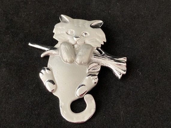 Vintage Silver Finish Cat Hanging on Branch Brooch Lapel Pin by OAJC Etsy