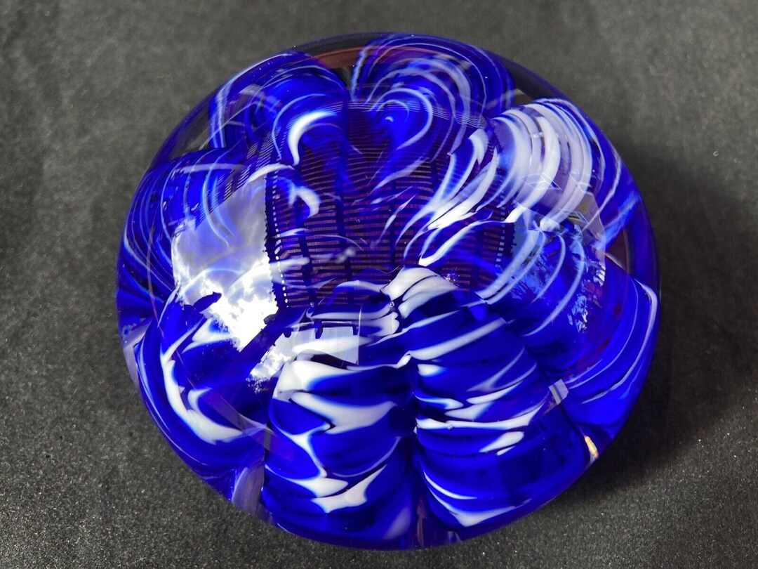 Vintage Joe Rice Blue White Clear Round Paperweight W/ Swirls ...