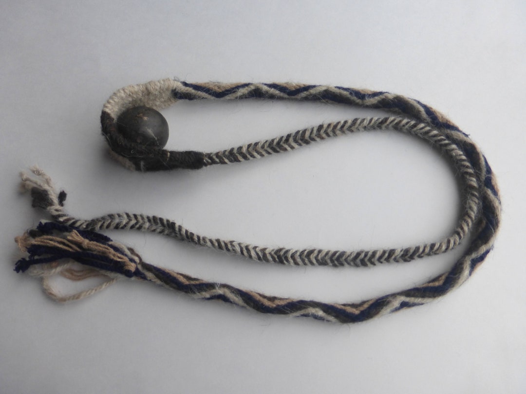 Set of Andean Handmade Huaraca Sling (large) and Stone Boleadora Carved ...