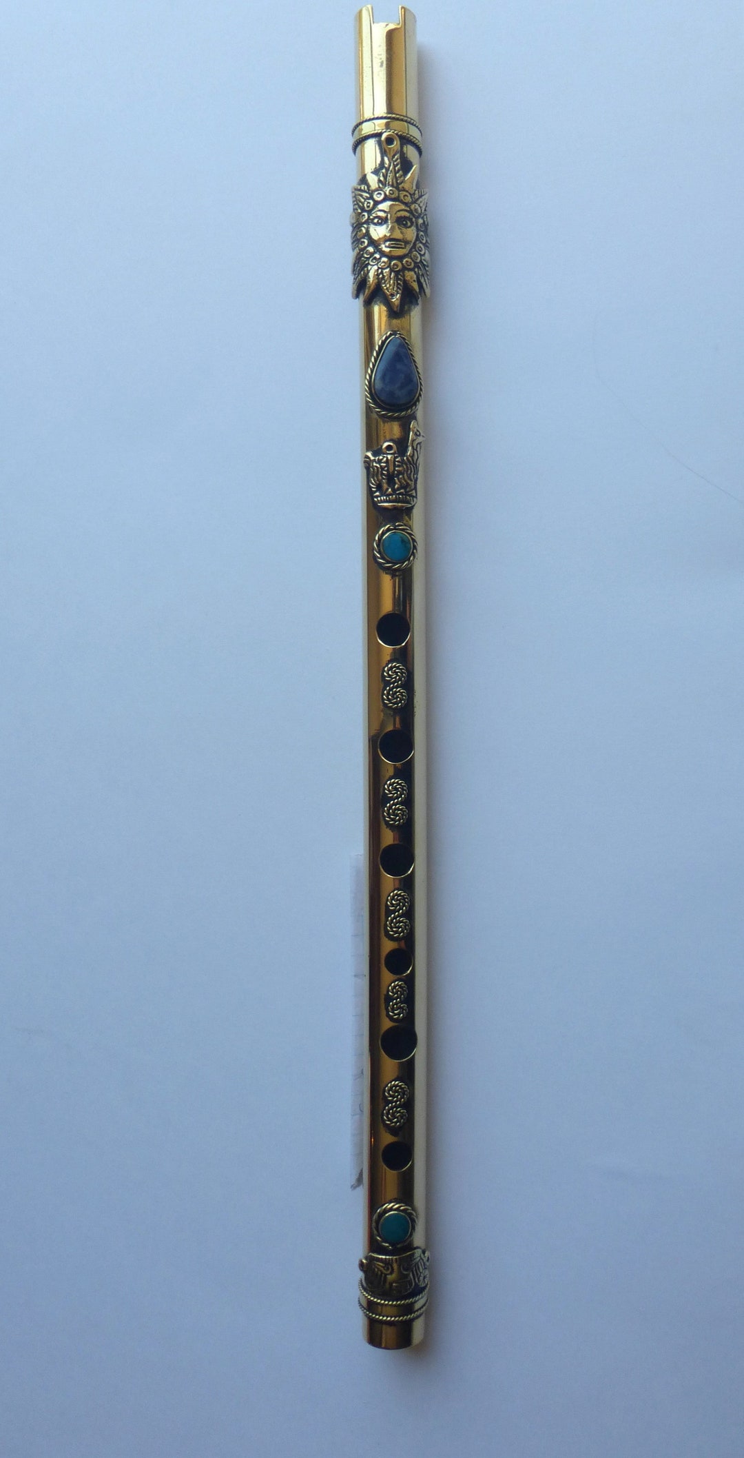 Peruvian Andean Bronze Quena Flute Decorated With Incan Images and Semi ...