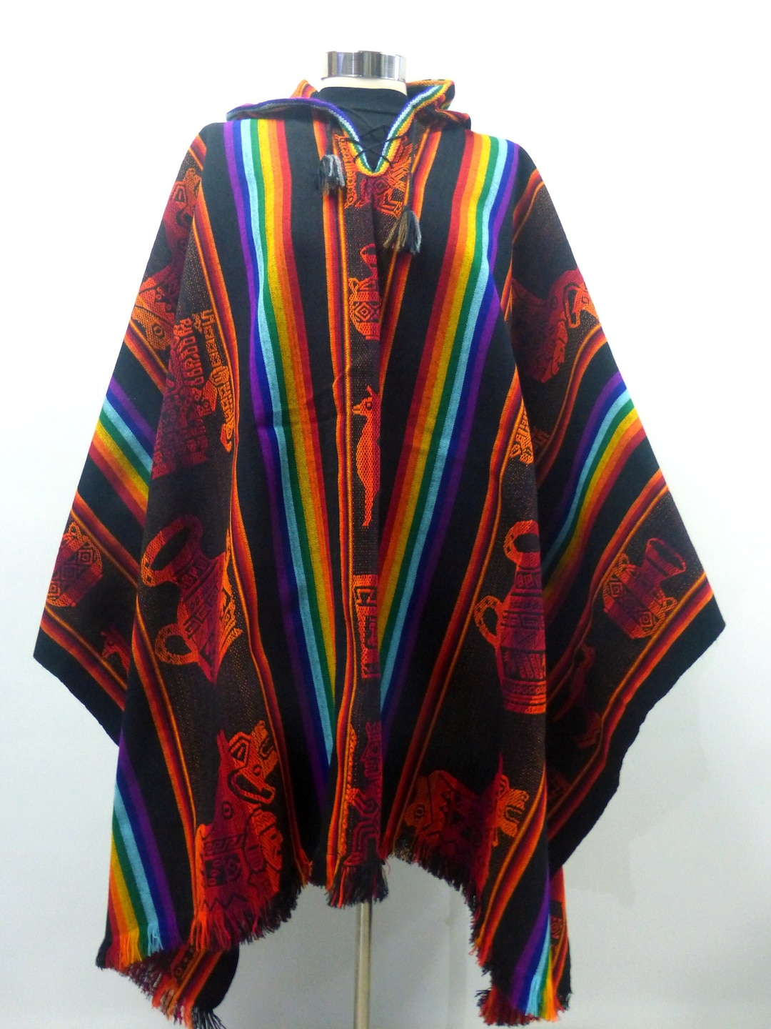 Shamans Hooded Black With Multicolored Designs Poncho- Andean Mountain ...