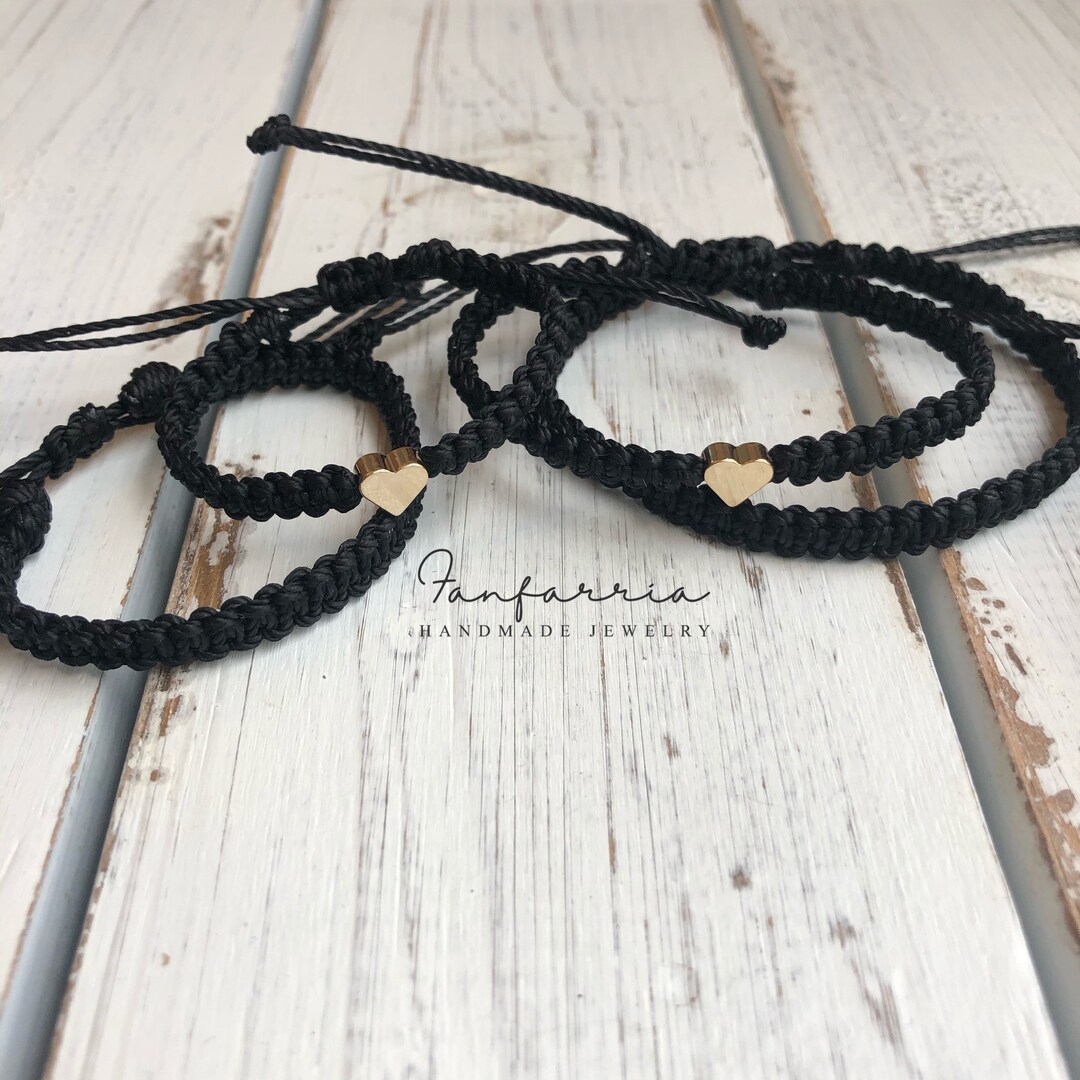 Set of 4 Braided Cord Matching Bracelets, 2 With Gold Hearts, 2 Plain ...