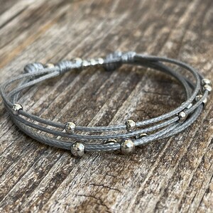 Amelia, Silver Beaded Gray Bracelets, Waxed Cord Bracelets, Gray ...