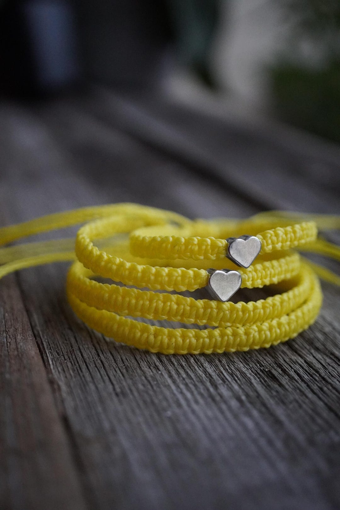 Matching Family Bracelets Set, Handmade Yellow Cord With Silver Heart ...