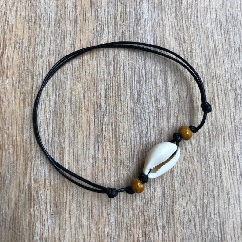 Cowrie Sea Shell Anklet, Seashell, Black Waxed Cord Anklet, Beach ...