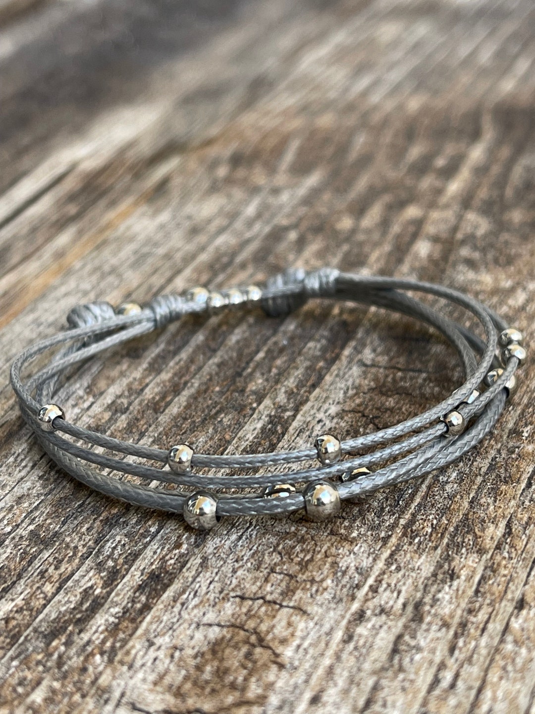 Amelia, Silver Beaded Gray Bracelets, Waxed Cord Bracelets, Gray ...