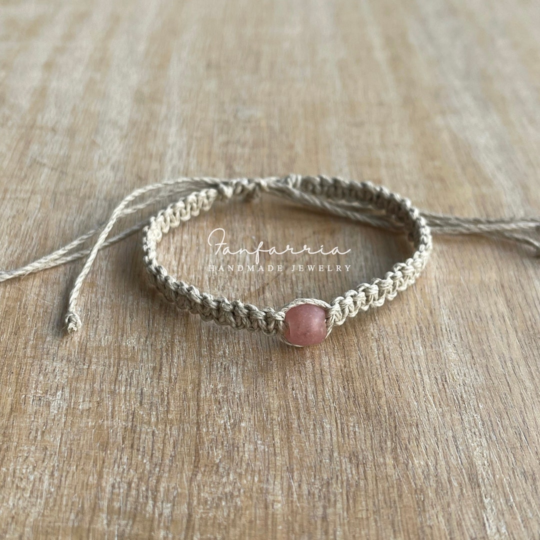 Pink Sea Glass Hemp Anklet, Natural Braided, Macrame Anklet, Surfer ...