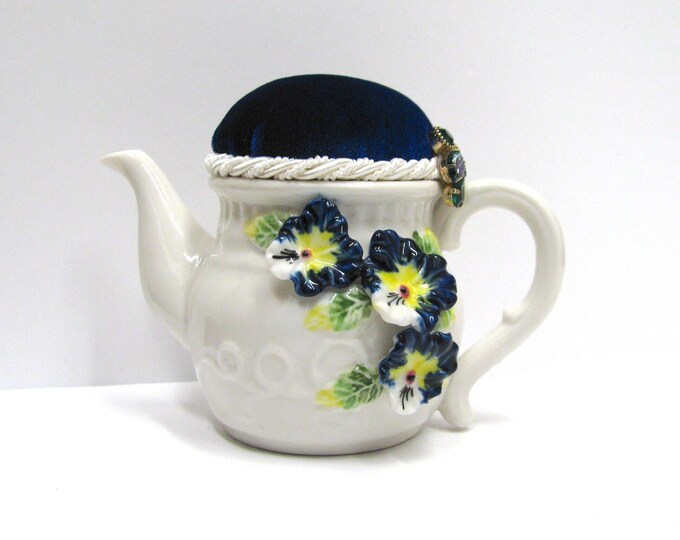 Teapot Pin Cushion - Pansy Tea Pot With Blue & Yellow Pansies - Royal ...
