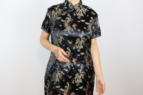 Asian Tunic Oriental Robe Black Gold Dragon Vintage A… - Gem