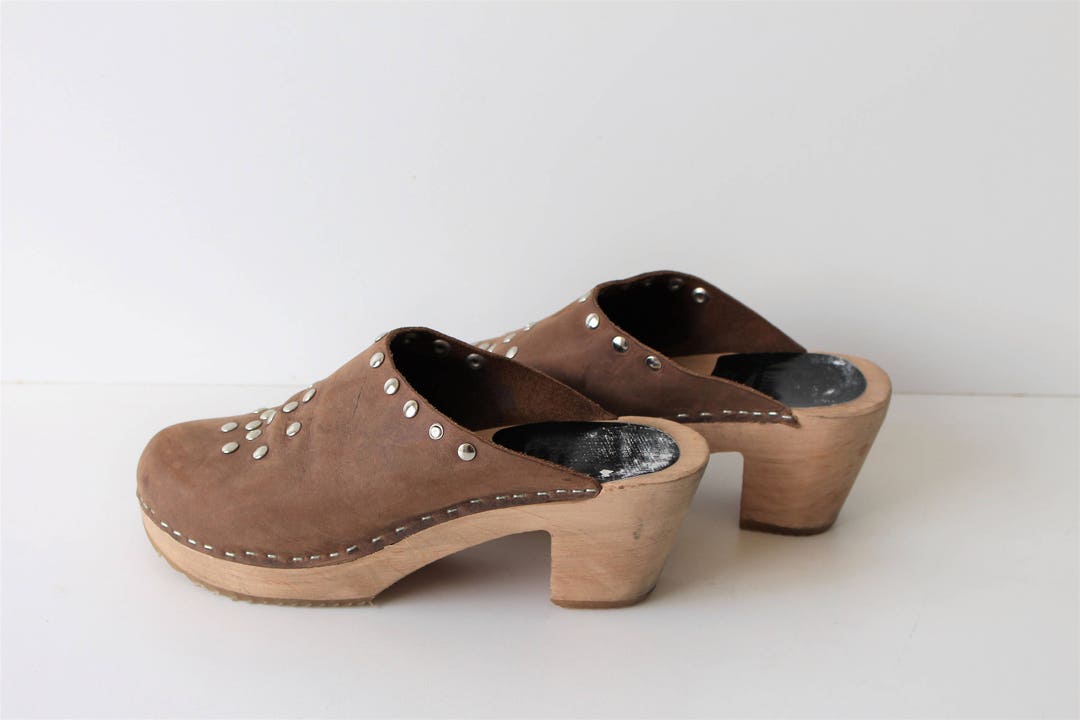 Brown Leather Clogs Platform DALA Clogs Wedges Wooden Platform Brown ...