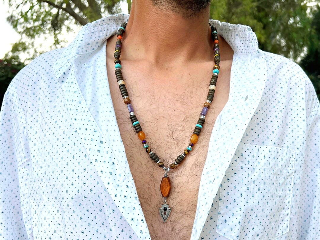 Long Gemstone Necklace for Men: Handmade Boho Beaded Pendant - Etsy