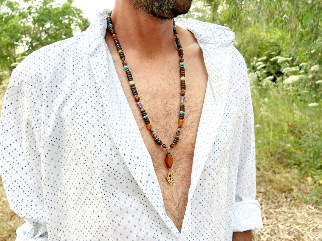 Long Gemstone Necklace for Men: Handmade Boho Beaded Necklace - Etsy