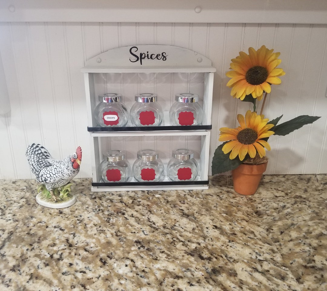 White Distressed Farmhouse Spice Rack With Six Spice Jars, Country ...