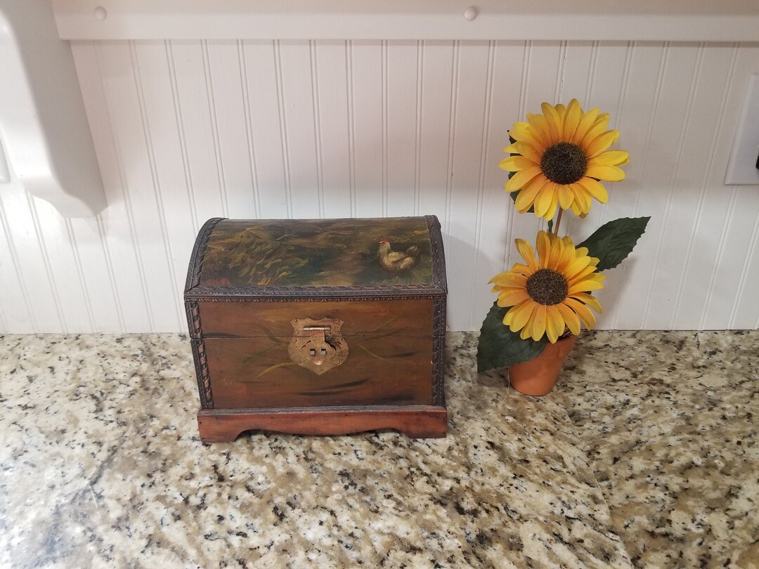 Wooden Trunk Trinket Box, Chicken Decor, Kitchen Storage, Hinged Wooden ...