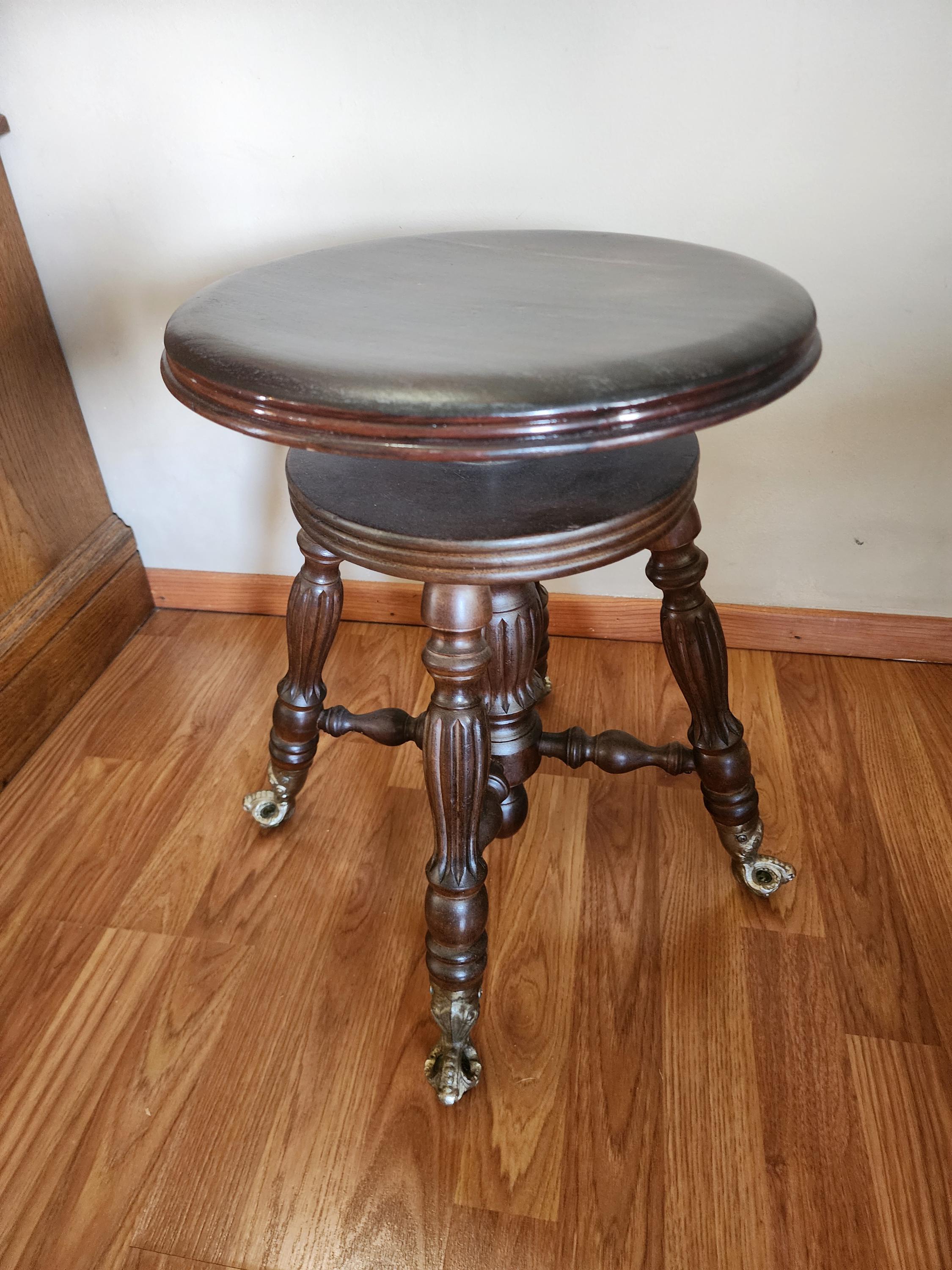Vintage Piano Stool, Solid Wood Stool, Antique Round Piano Stool, Ball ...